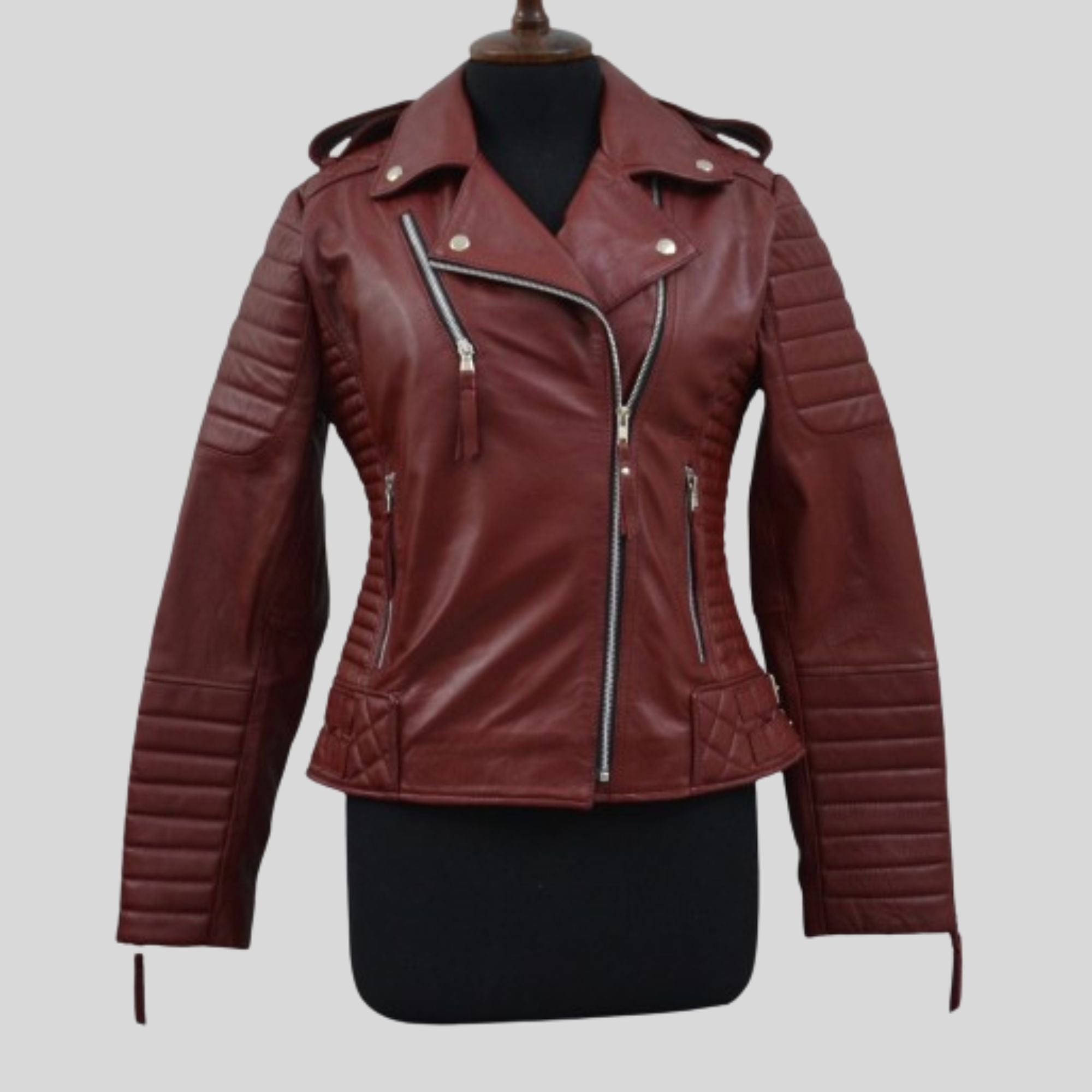 Women's Maroon Motorcycle Genuine Lambskin Leather Biker Jacket – South ...