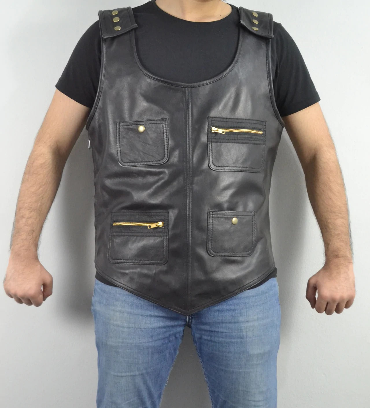Men's Black Rapper Style Strap Lambskin Leather Vest – South Beach Leather
